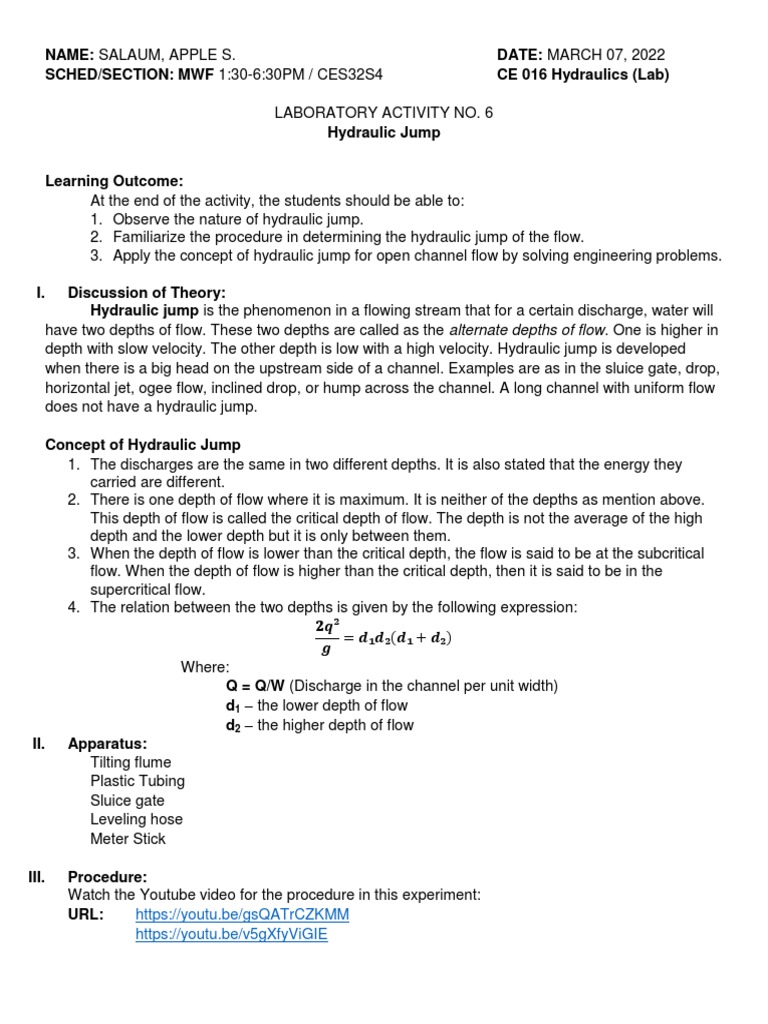 LABORATORY ACTIVITY NO. 6 Hydraulic Jump | PDF | Applied And ...