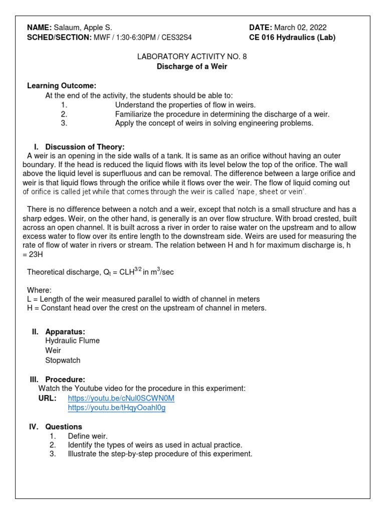 LABORATORY ACTIVITY NO. 8 Discharge of A Weir | PDF | Earth Sciences ...