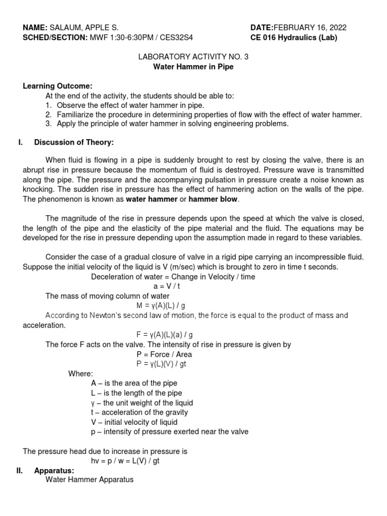 LABORATORY ACTIVITY NO. 3 Water Hammer in Pipe | PDF | Physical ...
