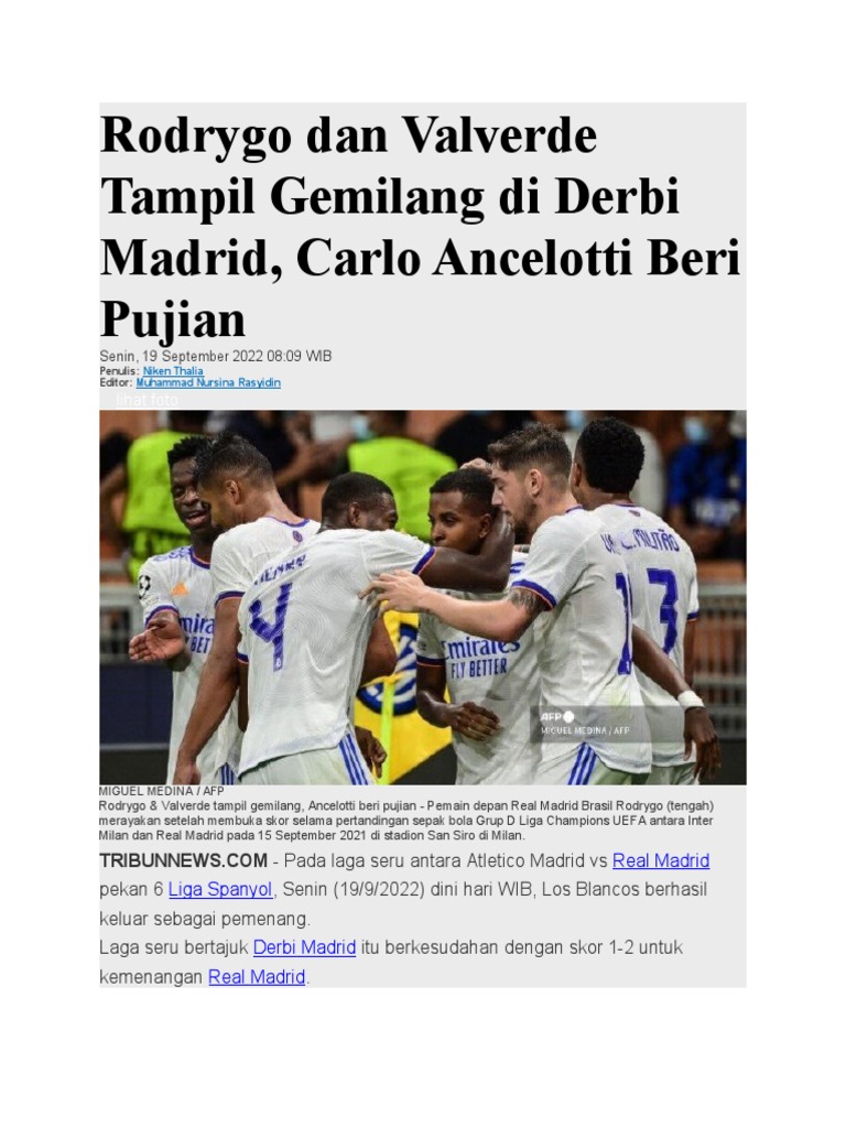 Rodrygo Dan Valverde Tampil Gemilang Di Derbi Madrid | PDF