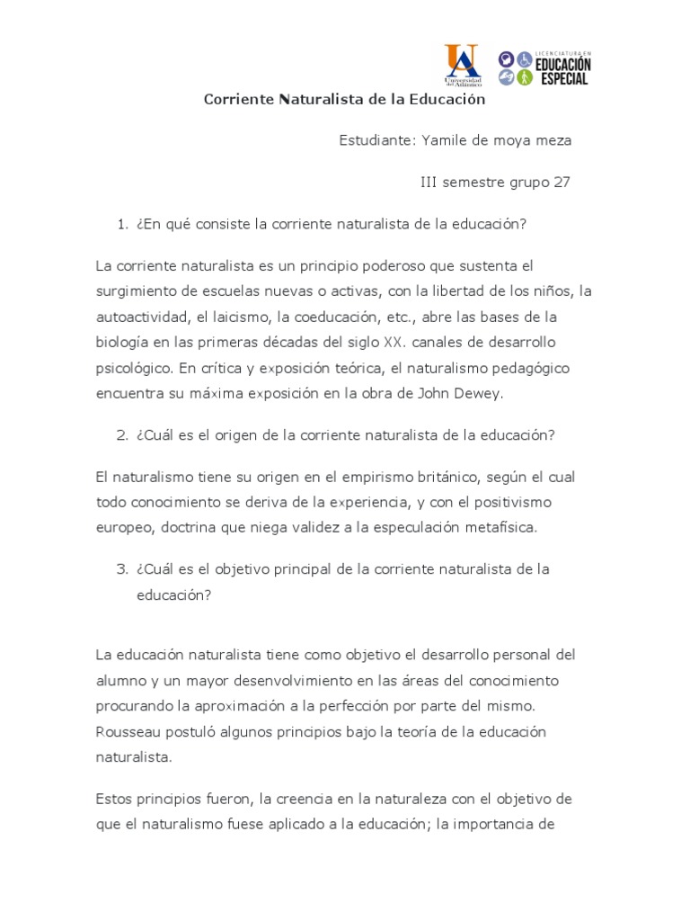Corriente Naturalista de La Educación | PDF | Naturalismo (filosofía ...