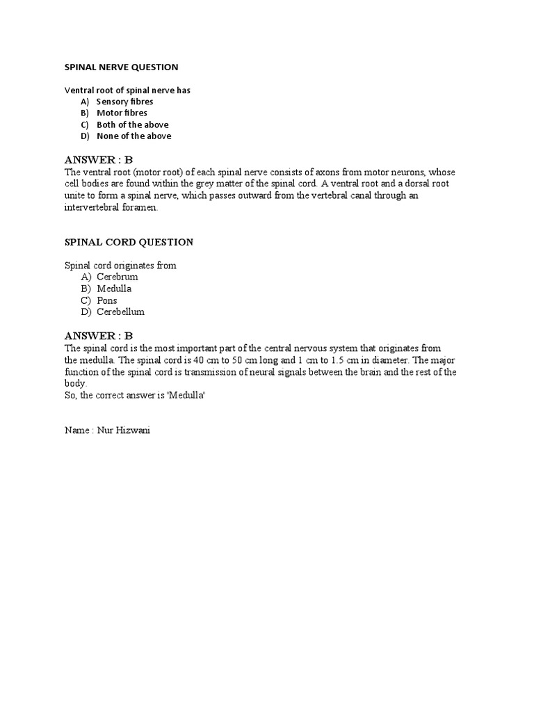 Answer: B: Spinal Nerve Question | PDF | Art | Science & Mathematics