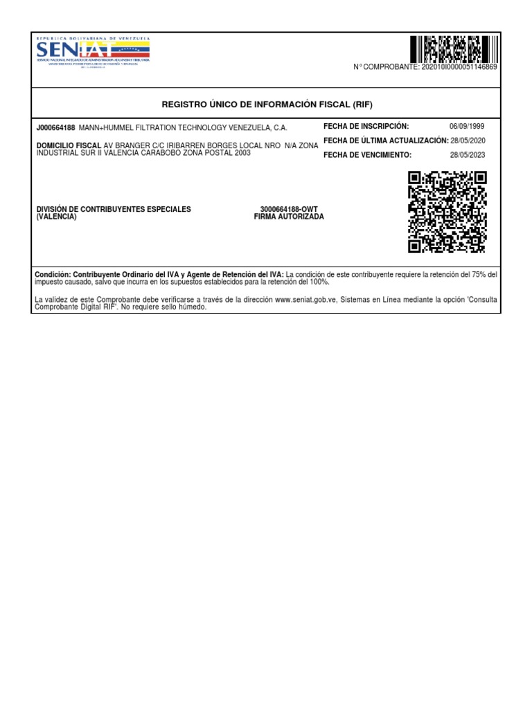Certificado RIF Vigente de MH FTVE 28052023 | PDF