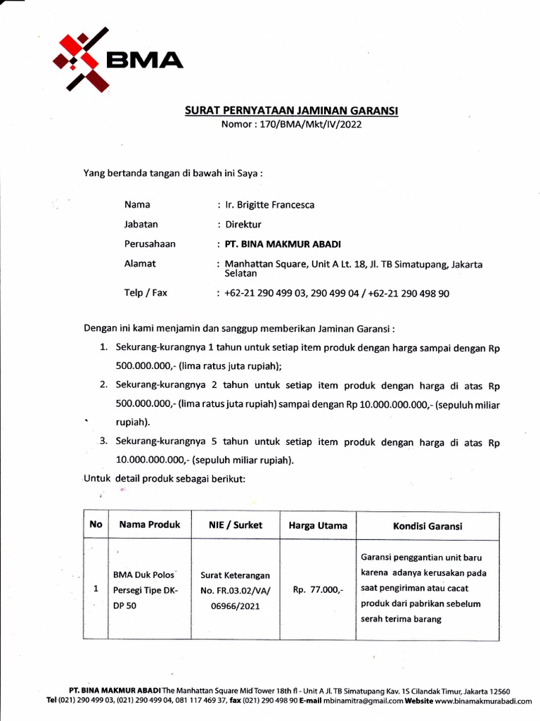 170-2022-Surat Pernyataan Garansi - Duk Polos Persegi Surket No. 06966 ...