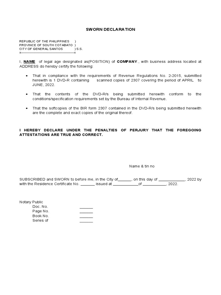 2ND Quarter Sample Sworn Declaration 2307 | PDF