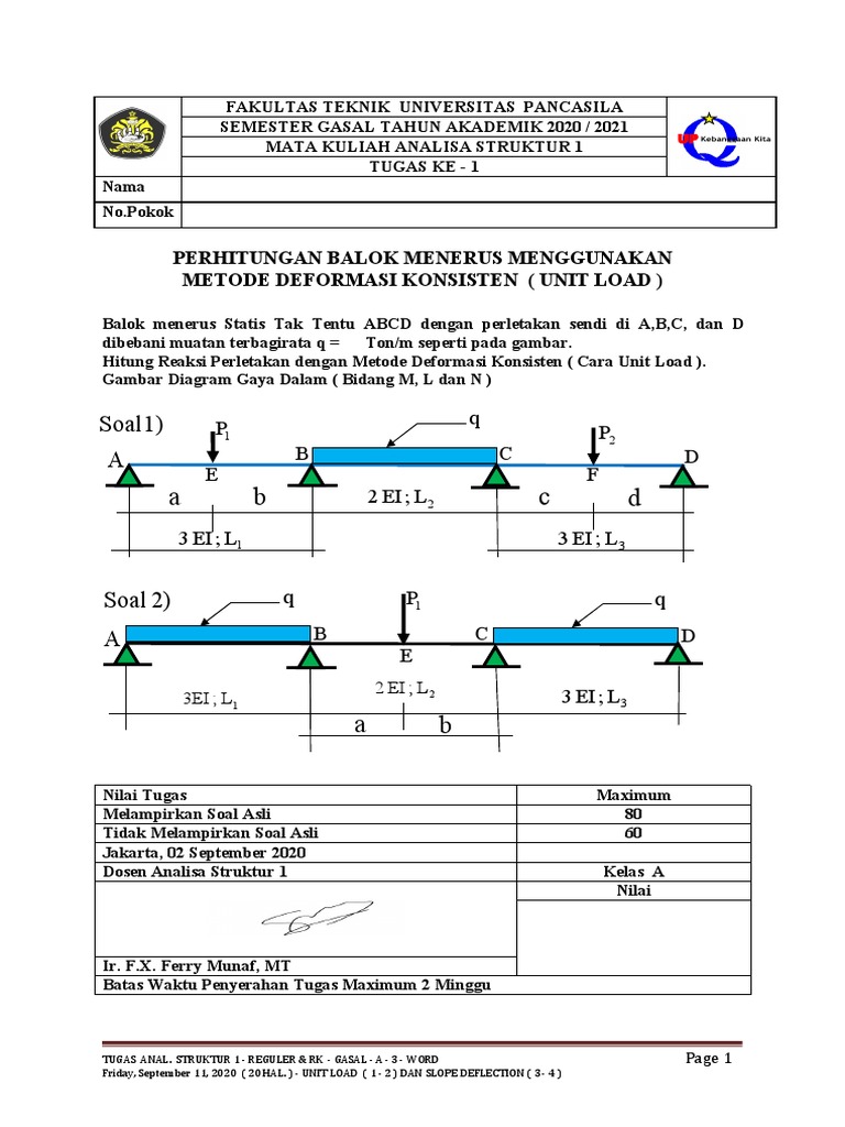 1.a) Tugas Ke - 1 Anal. Struktur 1 - A Reguler - Metode Unit Load Hal. 1 - 4 | PDF