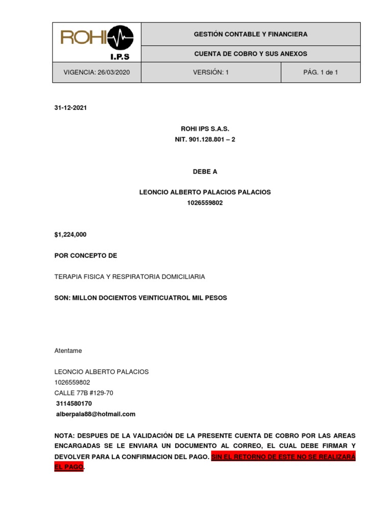 Modelo Cuenta de Cobro Diciembre 2021 Rohi | PDF