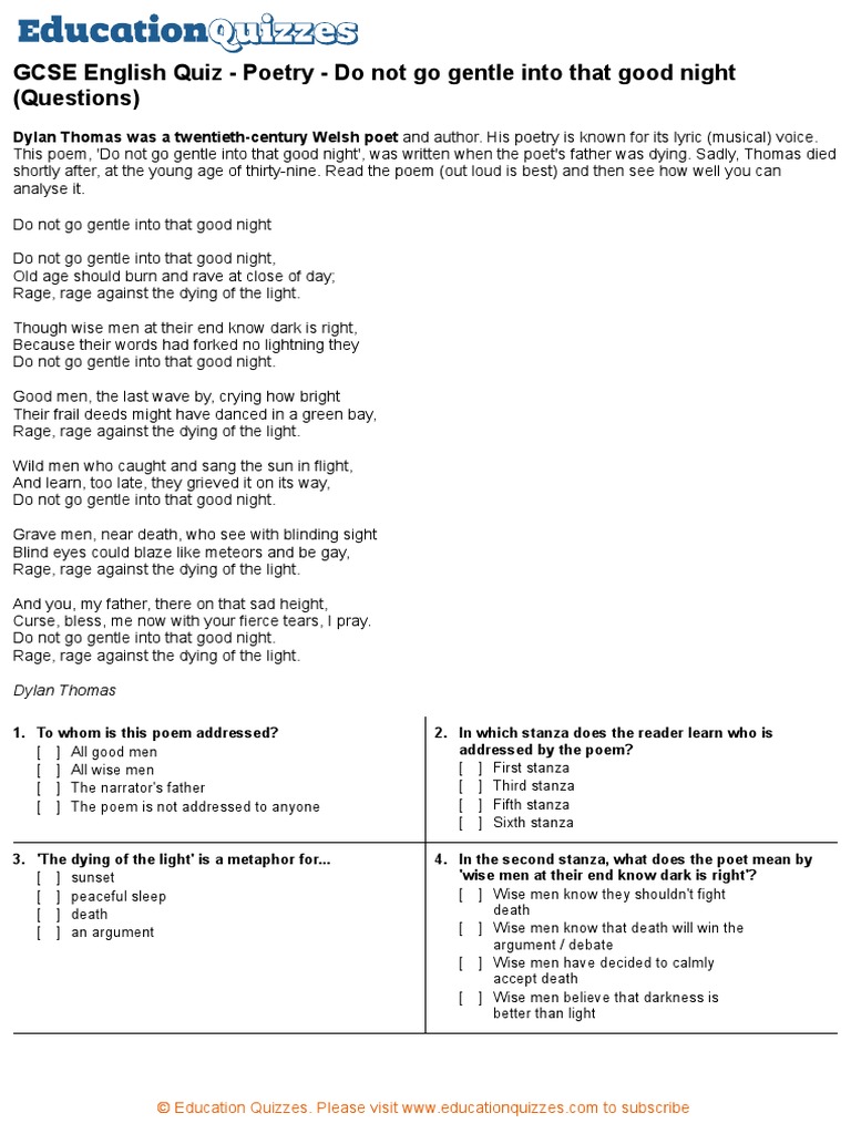 GCSE English Poetry Do Not Go Gentle Into That Good Night | PDF | Poetry