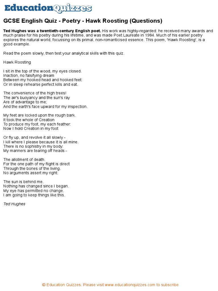 GCSE English Poetry Hawk Roosting | PDF | Poetry
