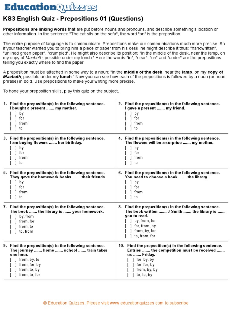 KS3 English Prepositions 01 | PDF | Preposition And Postposition ...