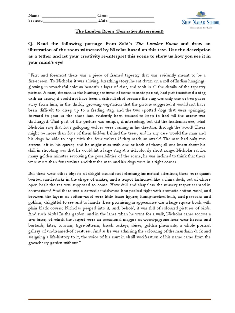 The Lumber Room Formative Assessment | PDF | Illustration | Perspective ...