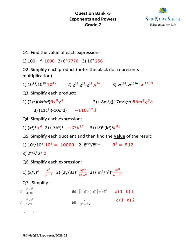 7 Question Bank5 - Exponents Answer Key-2021-22 | PDF