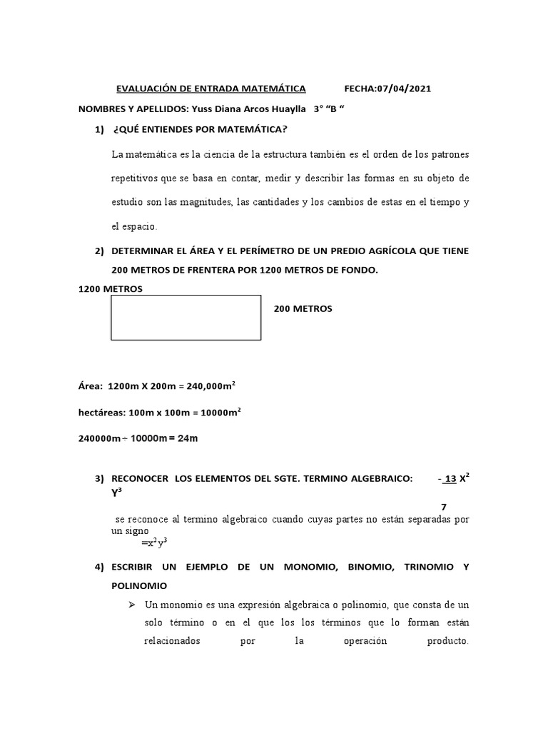 EVAL. ENTRADA 2021 Hecho | PDF | Álgebra | Matemáticas