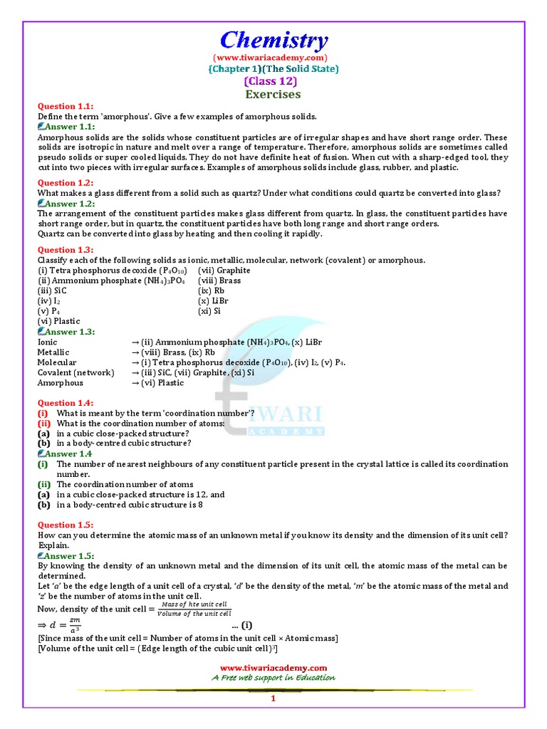 12 Chemistry Ncertsolutions Chapter 1 Exercises Pdf Crystal Structure Ferromagnetism 