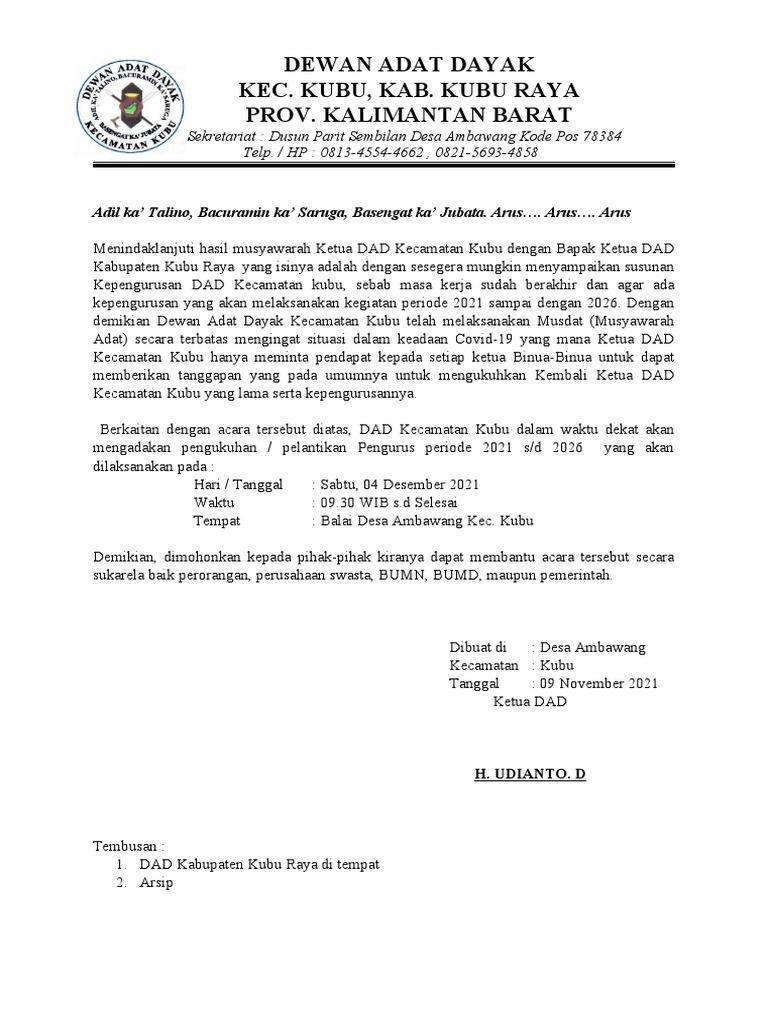DEWAN ADAT DAYAK Kecamatan Kubu Udianto Undangan | PDF