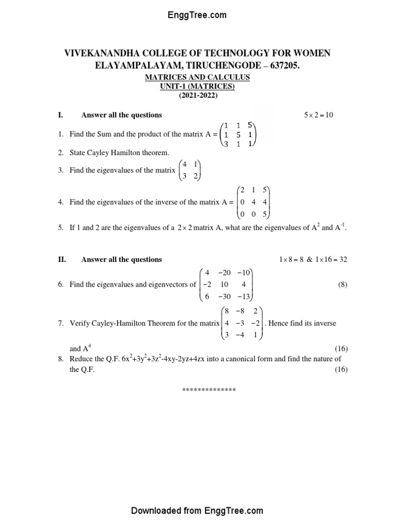 MA3151 Matrices and Calculus Question Bank 2 | PDF | Eigenvalues And Eigenvectors | Matrix ...