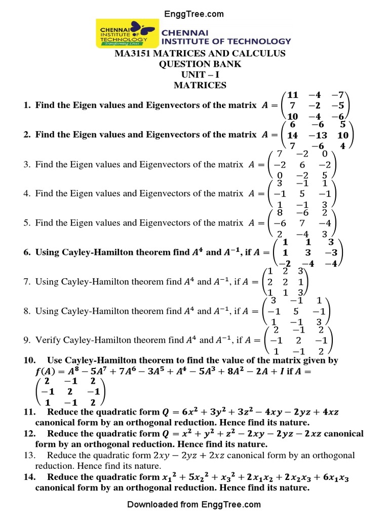 MA3151 Matrices and Calculus Question Bank 1 | PDF | Eigenvalues And Eigenvectors | Matrix ...
