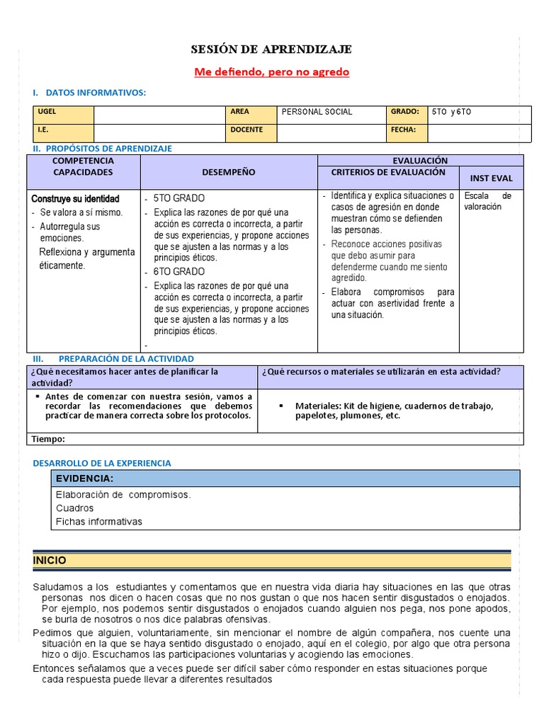 Sesion - Me Defiendo y No Agredo - V Ciclo | PDF | Egoismo psicologico ...