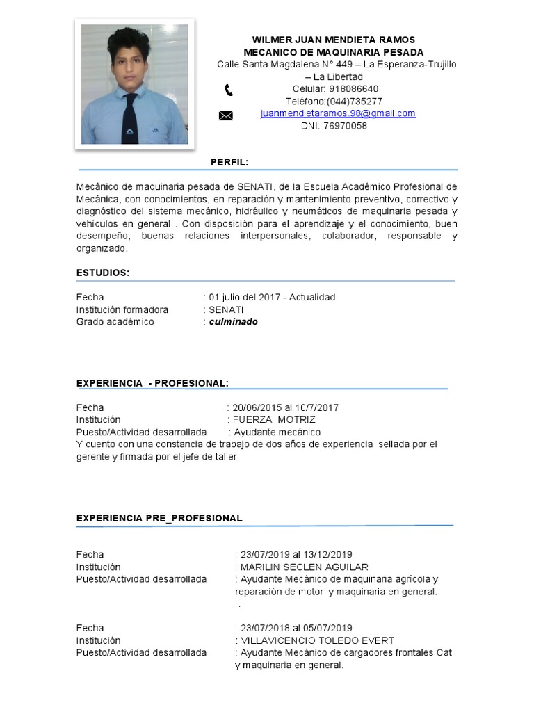 Wilmer Juan Mendieta Ramos Mecanico de Maquinaria Pesada | PDF ...