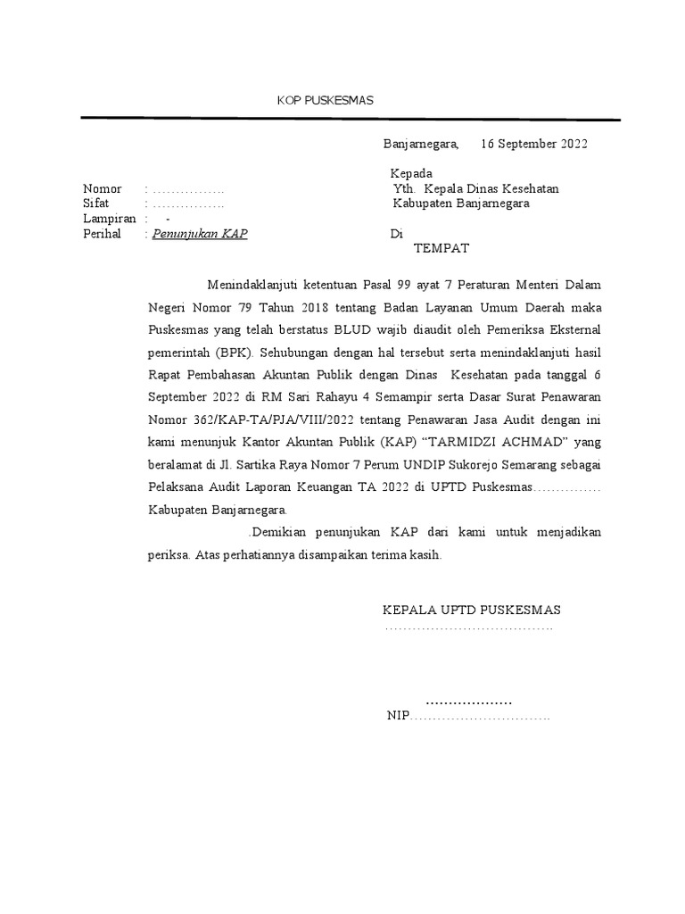 Contoh Surat Penunjukan KAP | PDF | Pengelolaan Keuangan & Uang