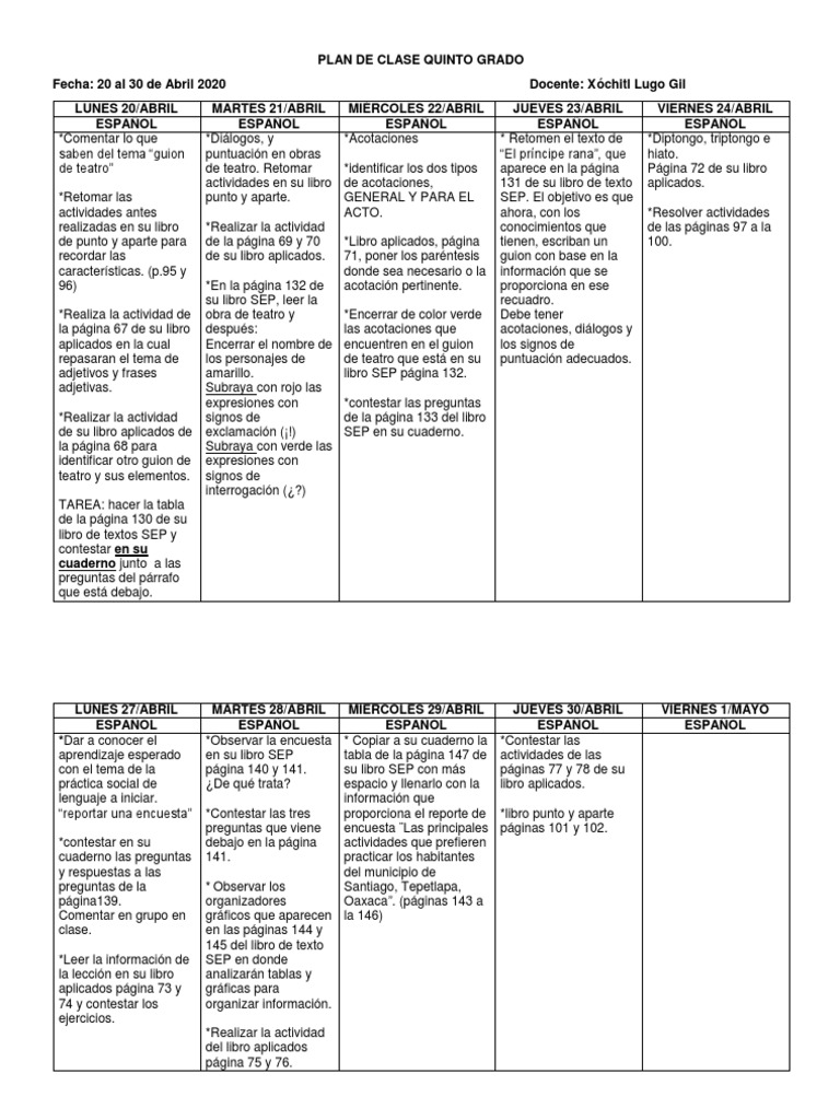 Plan de Clase Quinto Grado Abril | PDF | Puntuación | Lingüística
