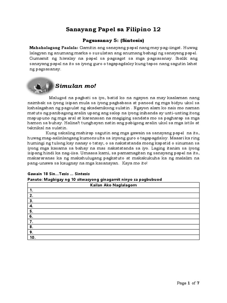 5TH NA LINGGO sintesis at buod Sanayang-Papel-sa-Filipino | PDF