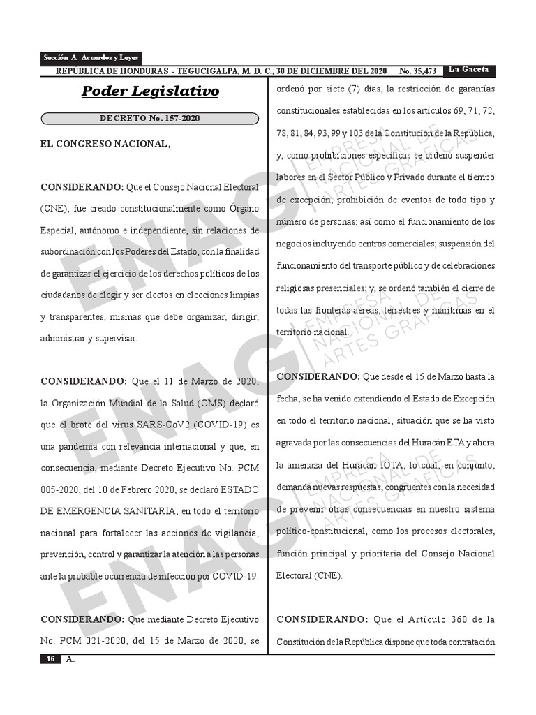Decreto 157 2020 | PDF | Honduras | Estado de los Estados Unidos