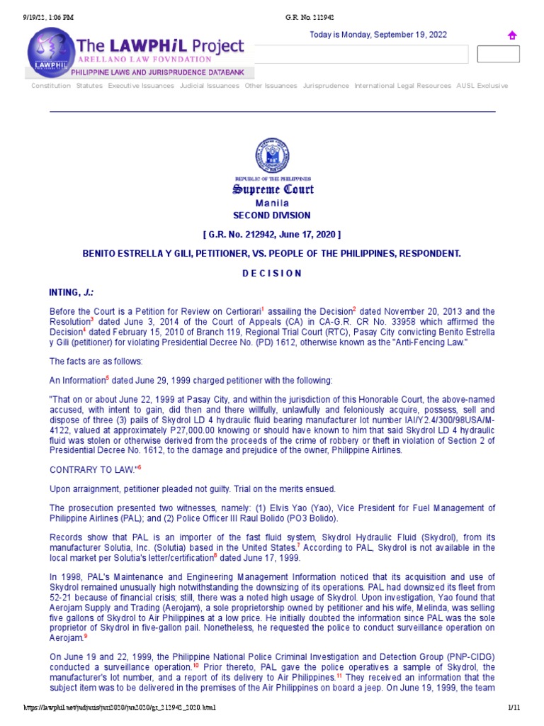 1 Anti Fencing - Estrella Vs People | PDF | Burden Of Proof (Law) | Crimes