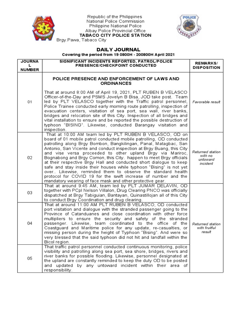 Tabaco City Police Daily Journal April 2021 | PDF | Justice | Crime ...