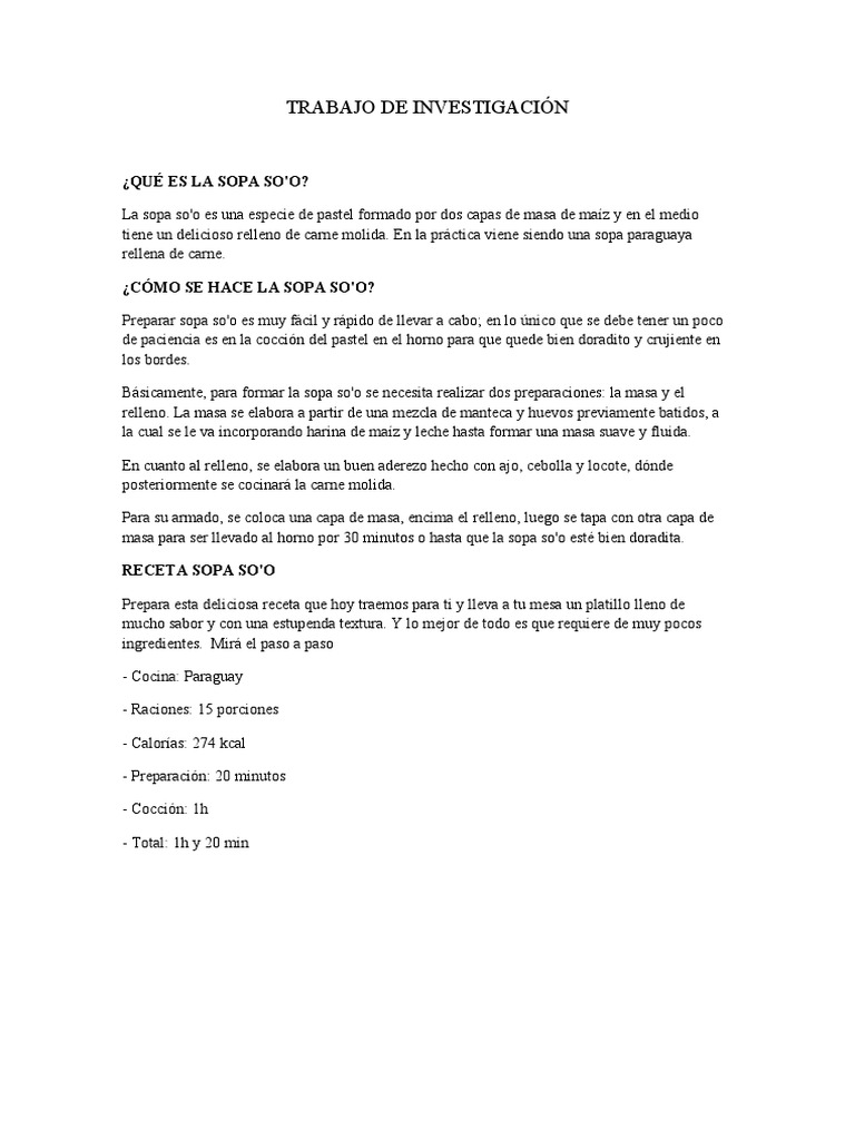 Receta de Sopa So'o Paraguaya | PDF
