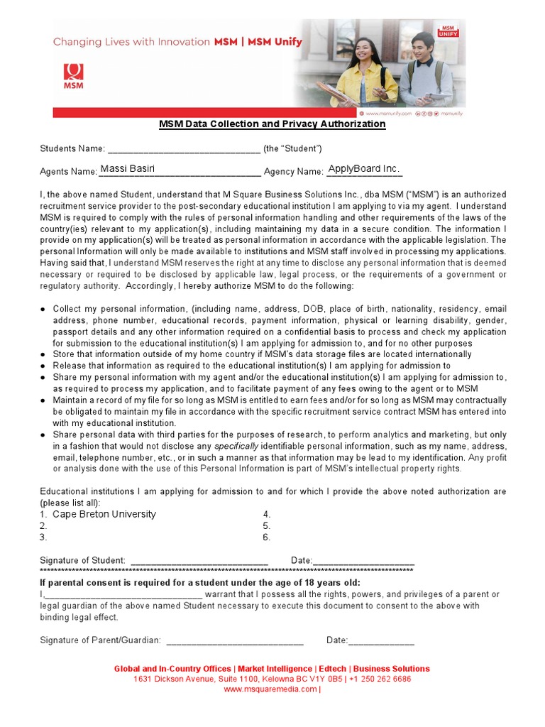 MSM Data Collection and Privacy Authorization Form | PDF | Information | Privacy