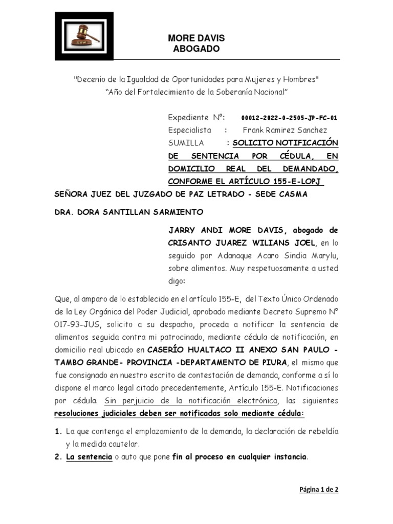 ESCRITO NOTIFICAR CÉDULA | PDF | Demanda judicial | Ley constitucional