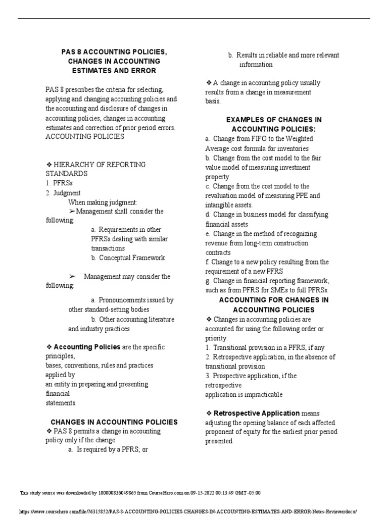 PAS 8 ACCOUNTING POLICIES CHANGES IN ACCOUNTING ESTIMATES AND ERROR ...