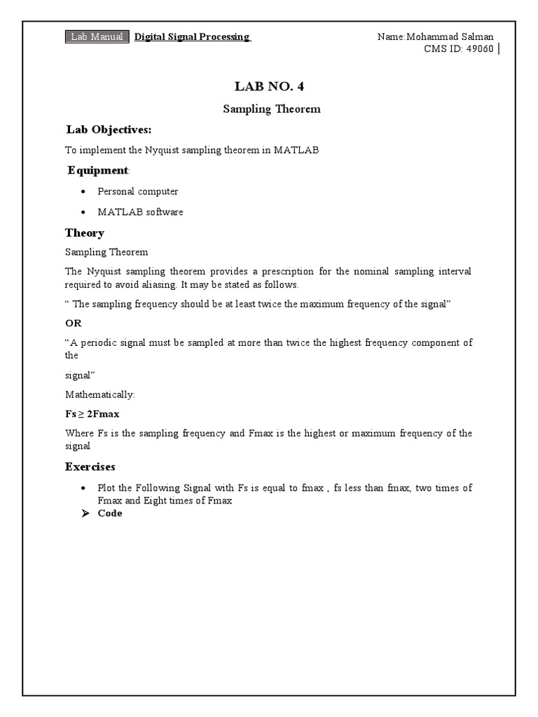 DSP Lab 4 | PDF | Sampling (Signal Processing) | Digital Signal Processing