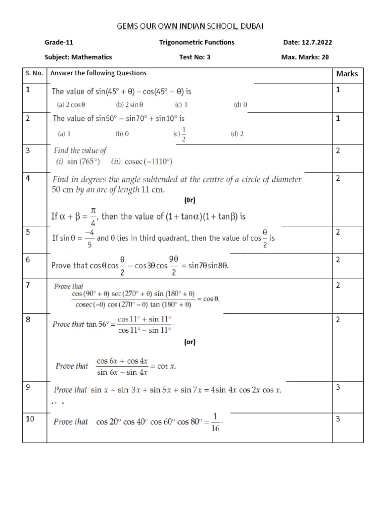 Trigonometric Functions Question Paper Pdf
