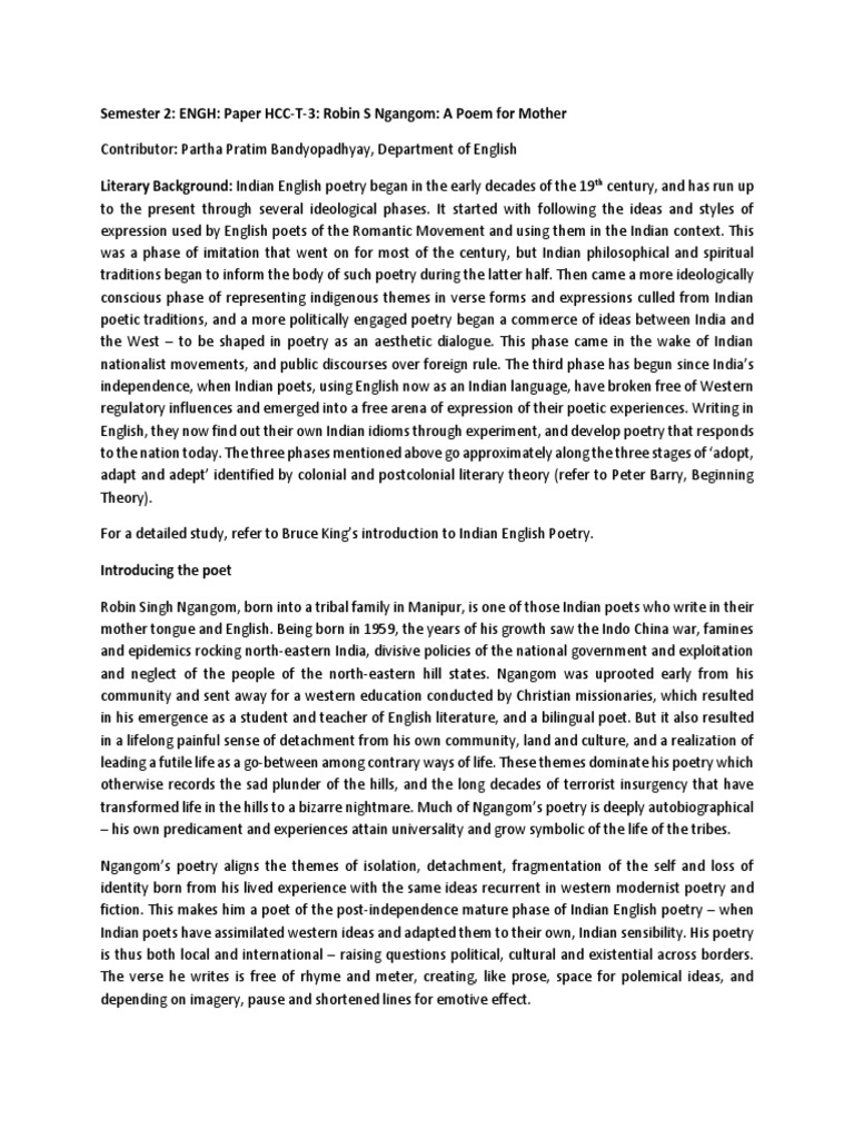 Ngangom's Reflection on Motherhood | PDF | Poetry | English Poetry