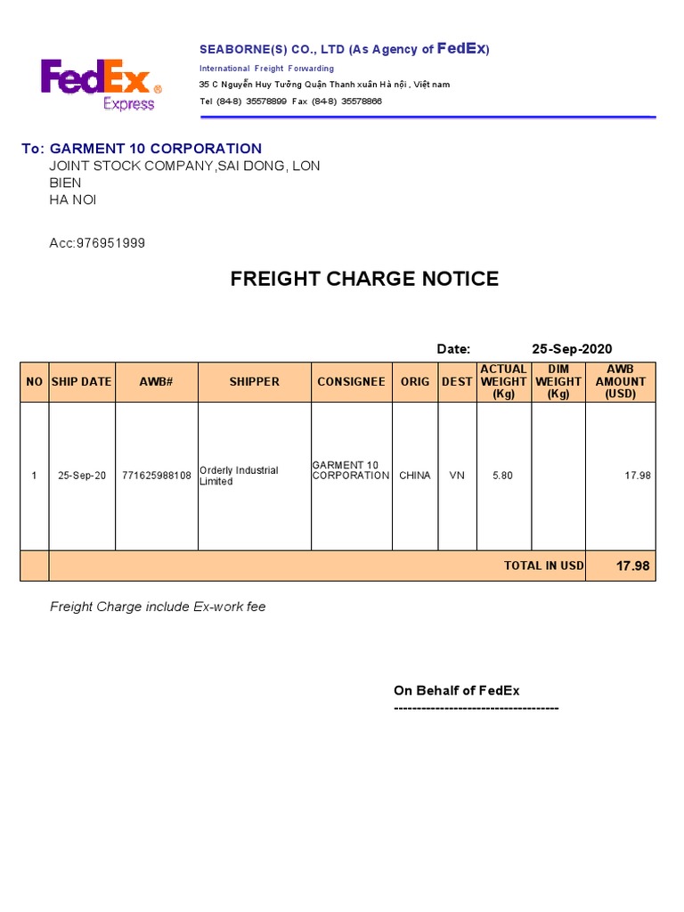 Freight Charge Notice: To: Garment 10 Corporation | PDF | Transport ...