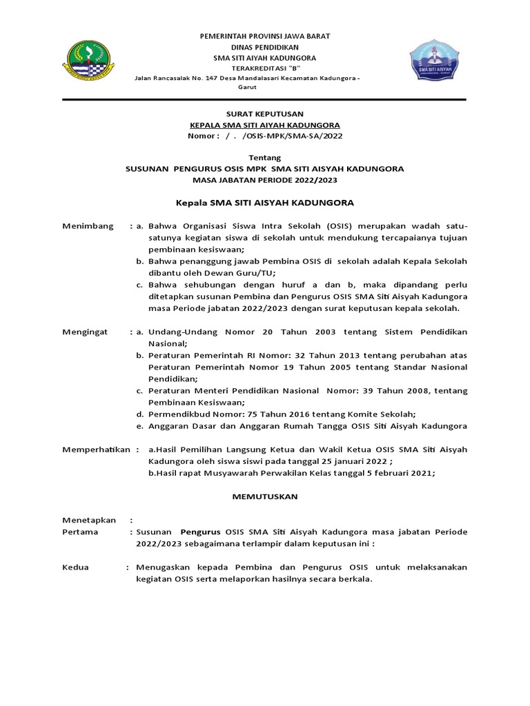 Sk-Pengurus-Osis-2022-2023 Sma Sitas | PDF