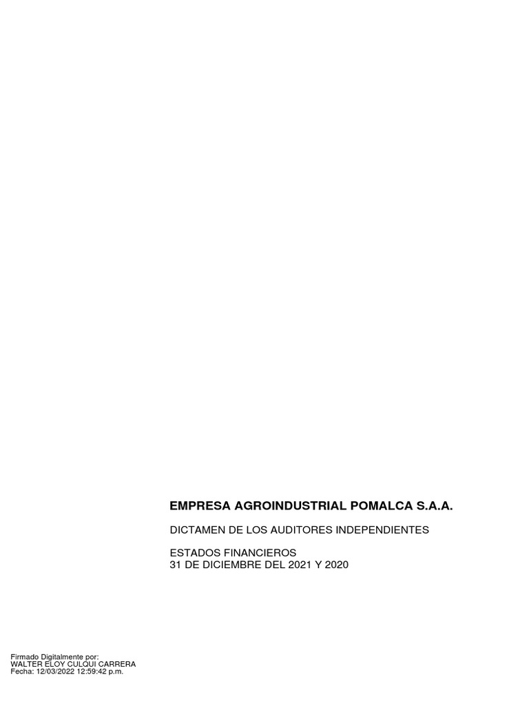 Estados Financieros Pomalca S.A.A. 2021-2020 | PDF | Auditoría | Estado ...