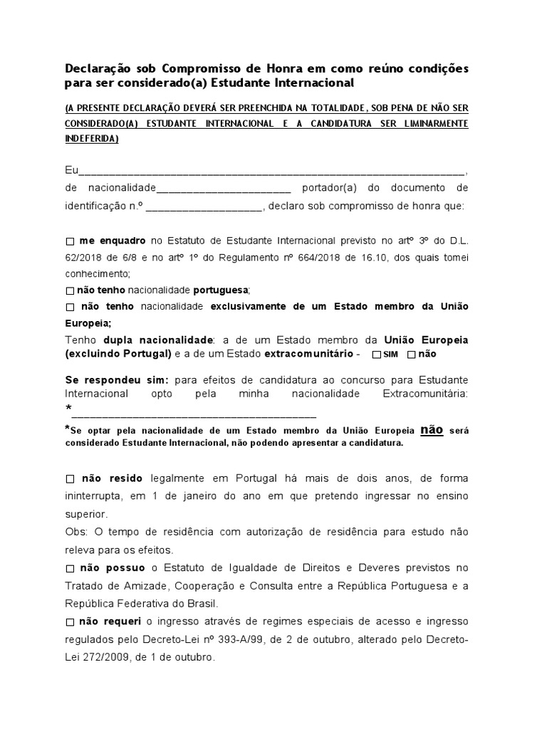 Declaracao de Compromisso de Honra - Estudante Internacional | PDF ... Declaracao de Compromisso de Honra - Estudante Internacional | PDF ...