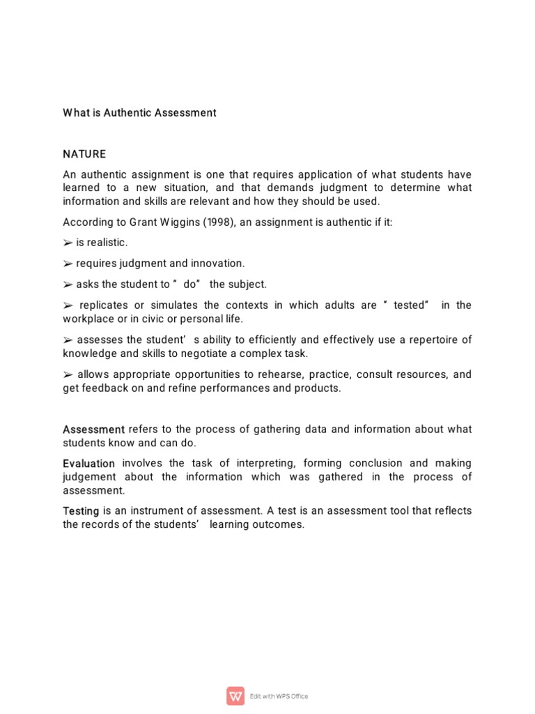 Nature of Authentic Assessment | PDF