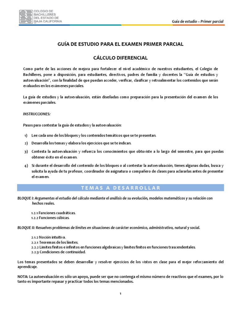 Guía de Estudio Primer Parcial Cálculo Diferencial | PDF | Prueba (evaluación) | Matemáticas