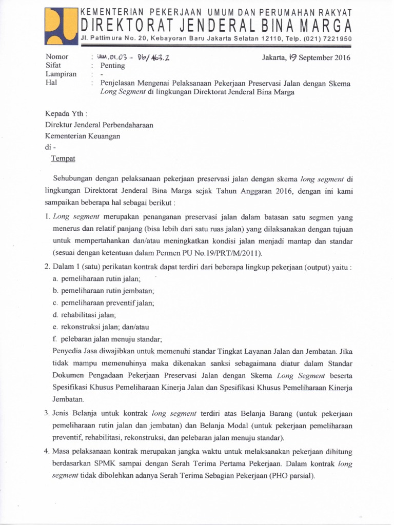 Surat Penjelasan Mengenai Pelaksanaan Pekerjaan Preservasi Jalan Dengan ...