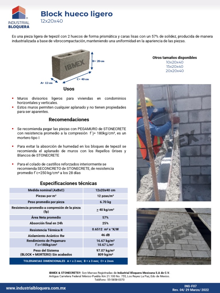 Block Hueco Liso de Concreto 12x20x40 | PDF