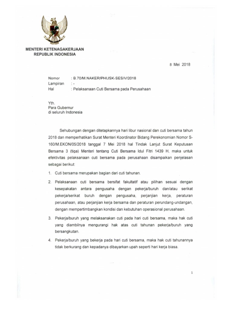 Surat Edaran Menteri Tenaga Kerja Nomor B.70 M.NAKER PHIJSK-SES V 2018 ...