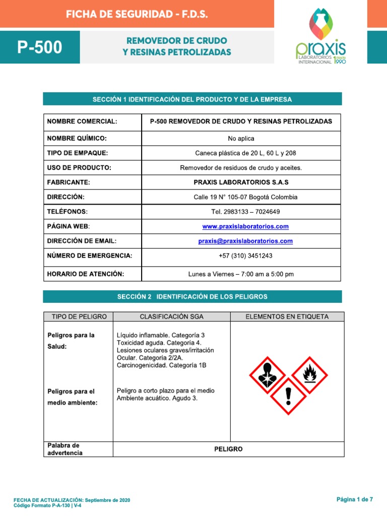 Ficha de Seguridad P-500: Removedor de Crudo | PDF | Negocios ...