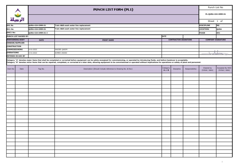 Punch List Form (Pl1) | PDF