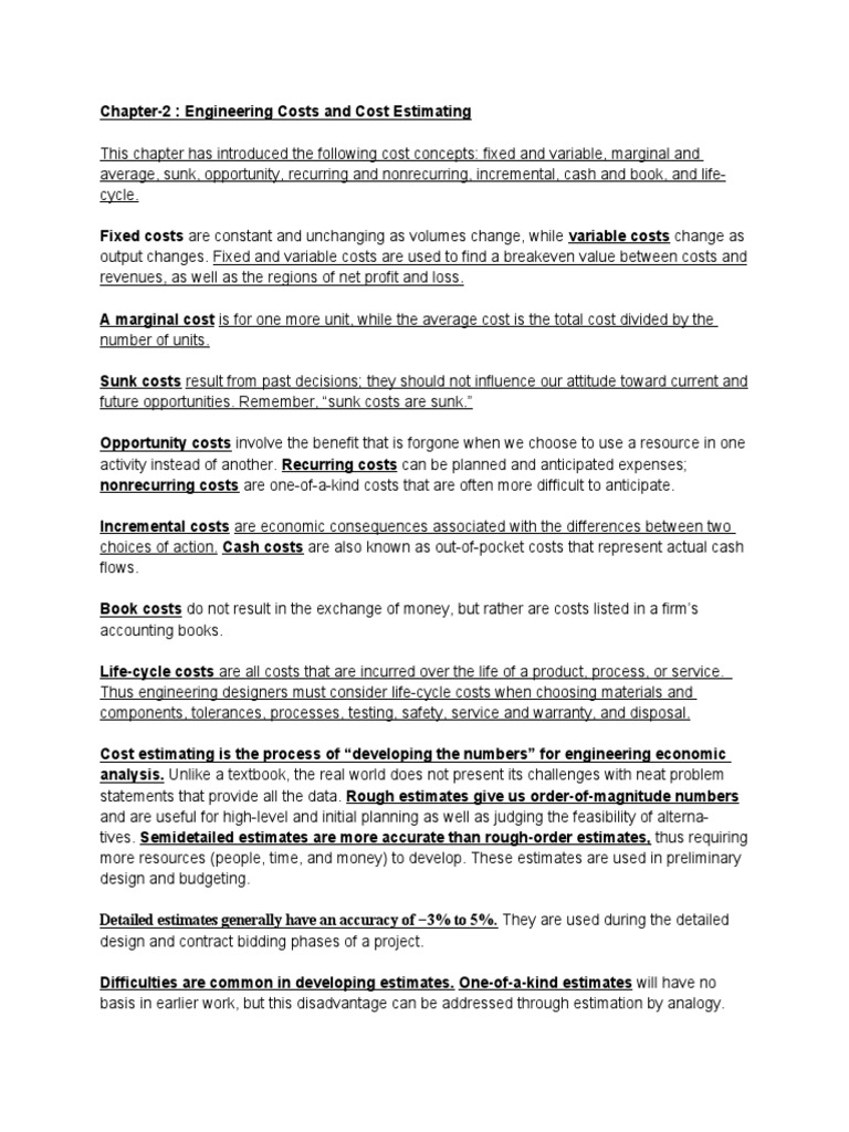 Chapter-2 - Engineering Costs and Estimating Costs - Summary and Solution Tips | PDF | Cost ...