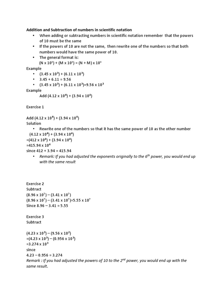 Addition and Subtraction of Numbers in Scientific Notation | PDF