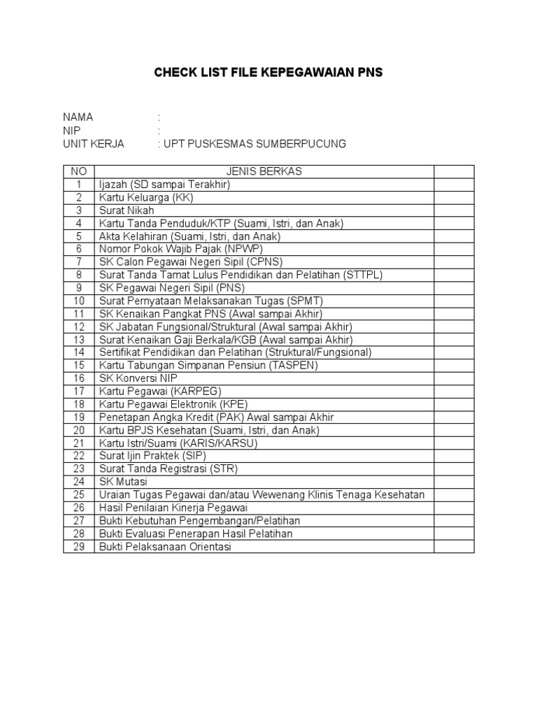 Check List File Kepegawaian Pns | PDF